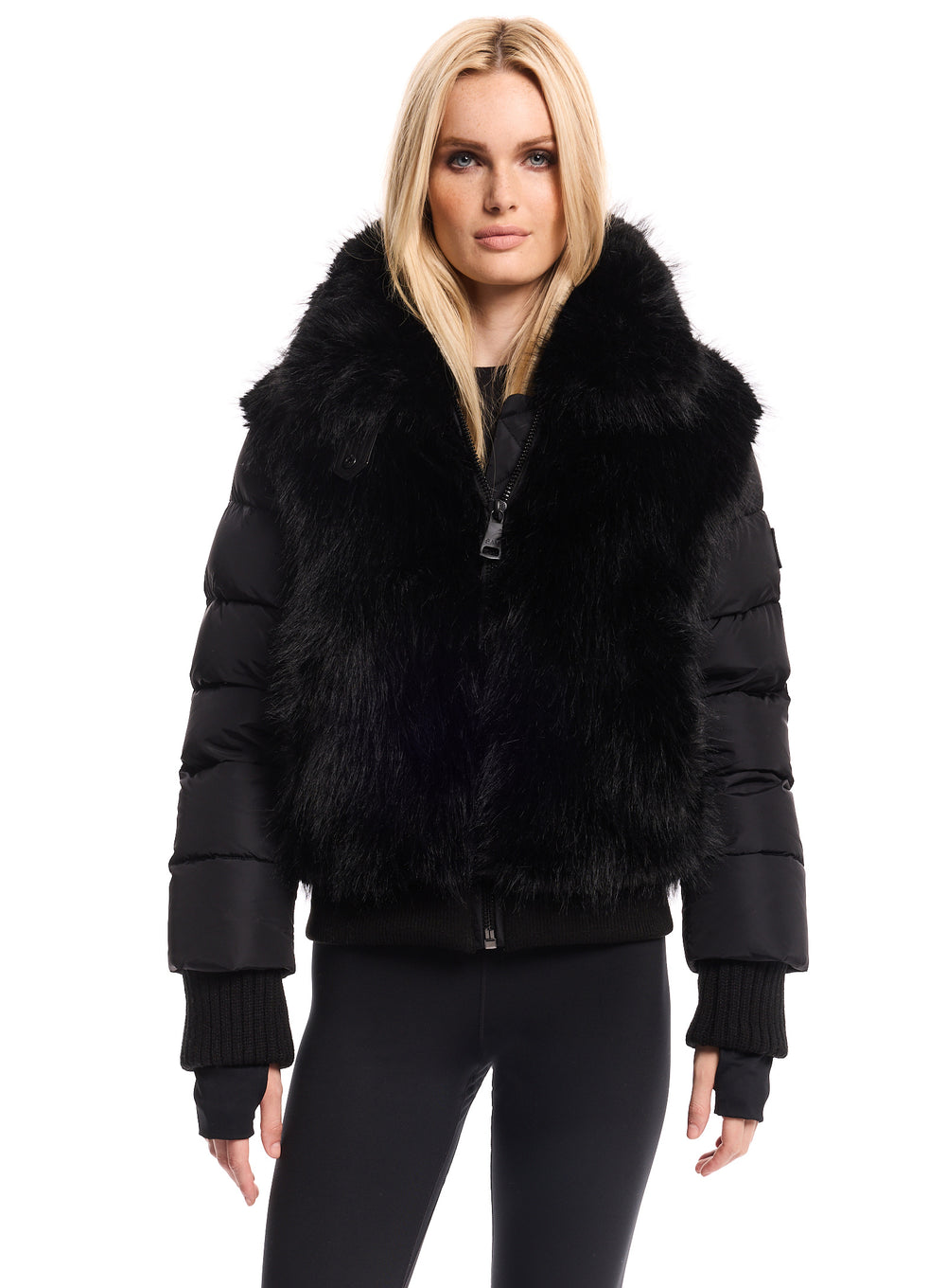 SAM new york womens faux fox CARLIE puffer bomber jacket in black | SAM.
