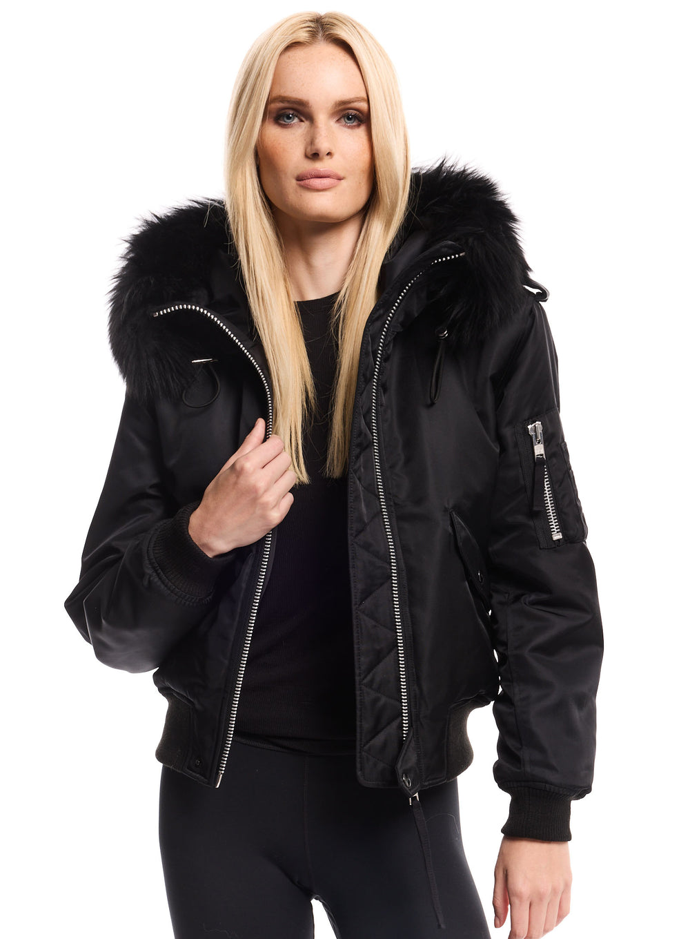 SAM new york womens Shearling trimmed hood JENNY flight satin bomber jacket in black | SAM.