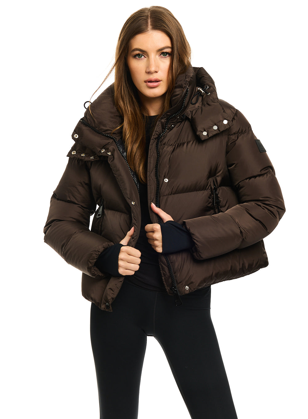 SAM nyc womens cropped JORDY puffer jacket in cocoa dark brown | SAM.