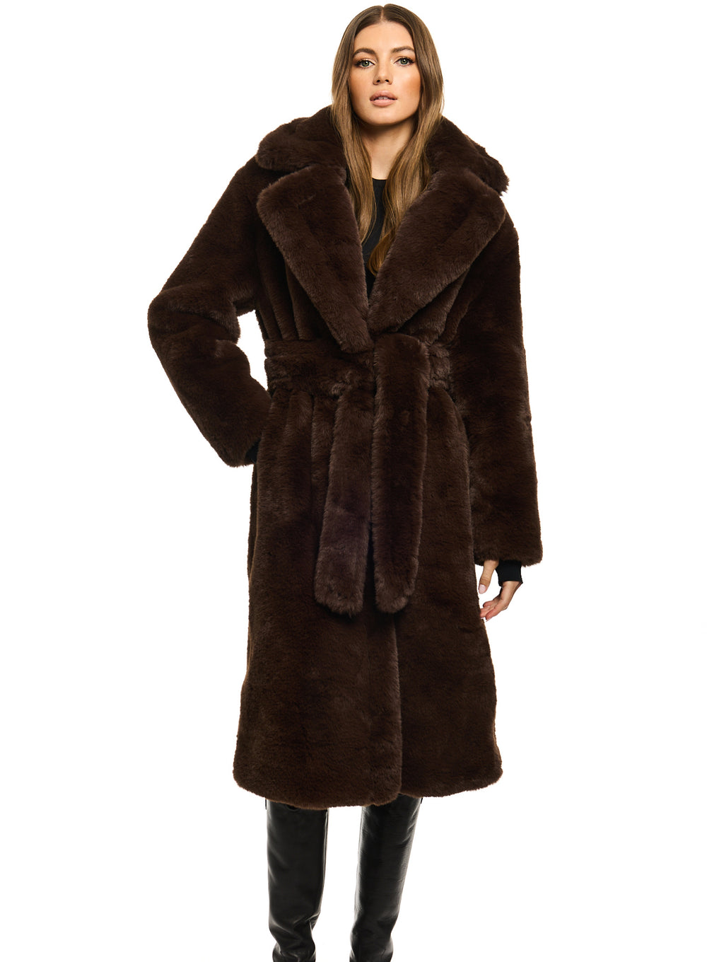 SAM new york womens MADDOX long belted faux fur coat in brown | SAM.