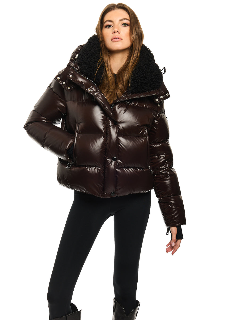 SAM new york womens PHOENIX short puffer jacket in shiny chocolate ...